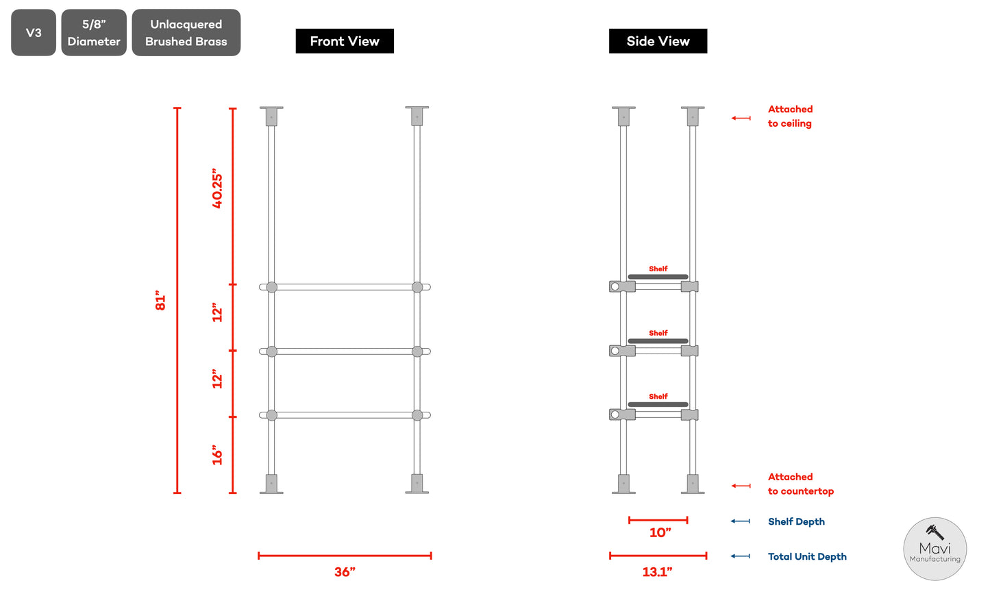 2x Custom brass shelving units - 5/8"Dia. - Unlacquered Brushed Brass ...